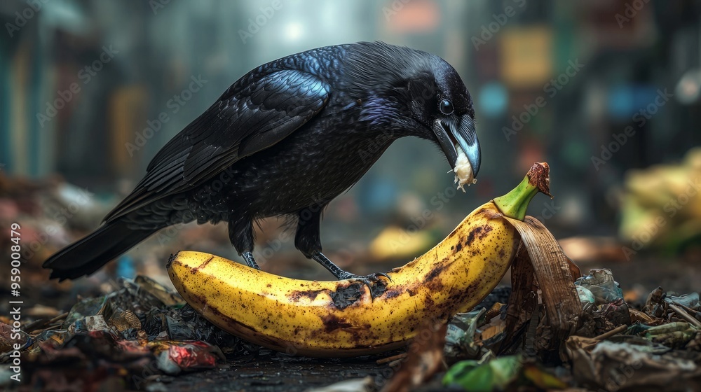 Crow Feasting on Rotten Banana in a Garbage Pile within a City Alley ...