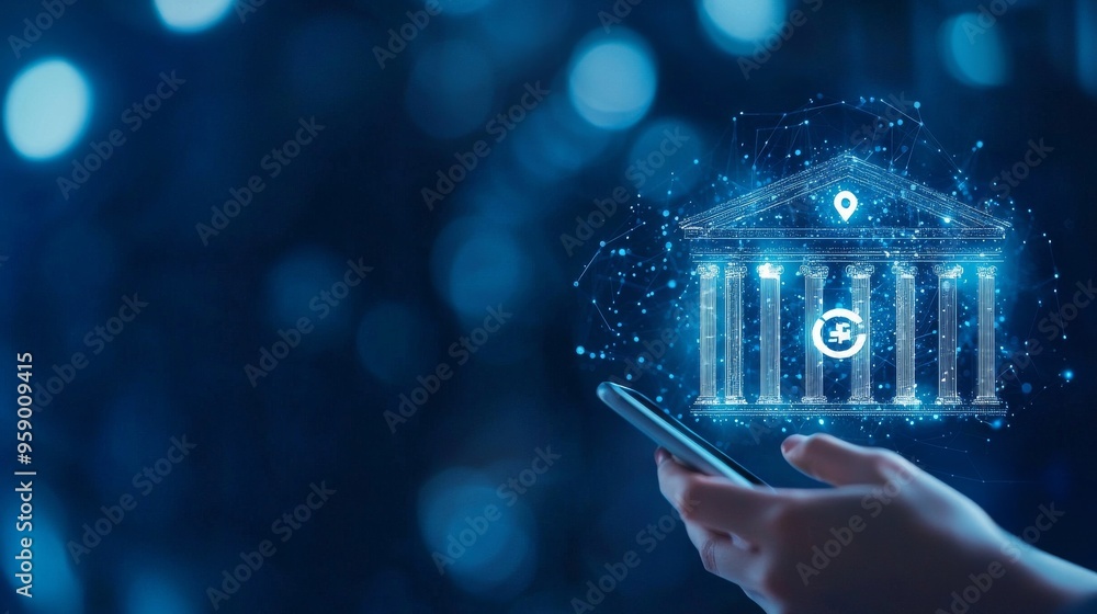 A hand holds a smartphone with a glowing digital bank icon floating ...