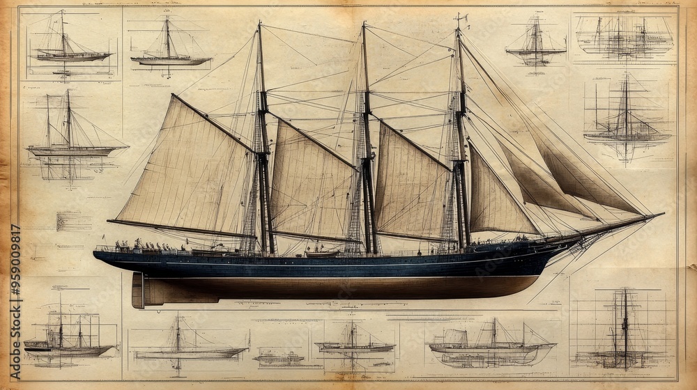A detailed illustration of a sailing ship, showcasing its design and ...