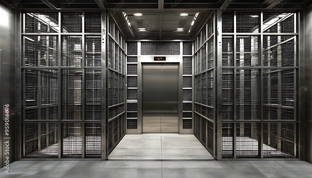 An elevator machine room inside a modern building, the elevator is ...