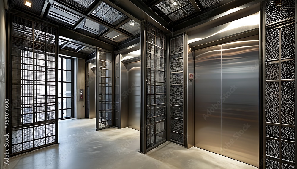 An elevator machine room inside a modern building, the elevator is ...