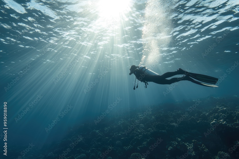 Underwater journey: diver descending, thrill of exploring beneath the ...