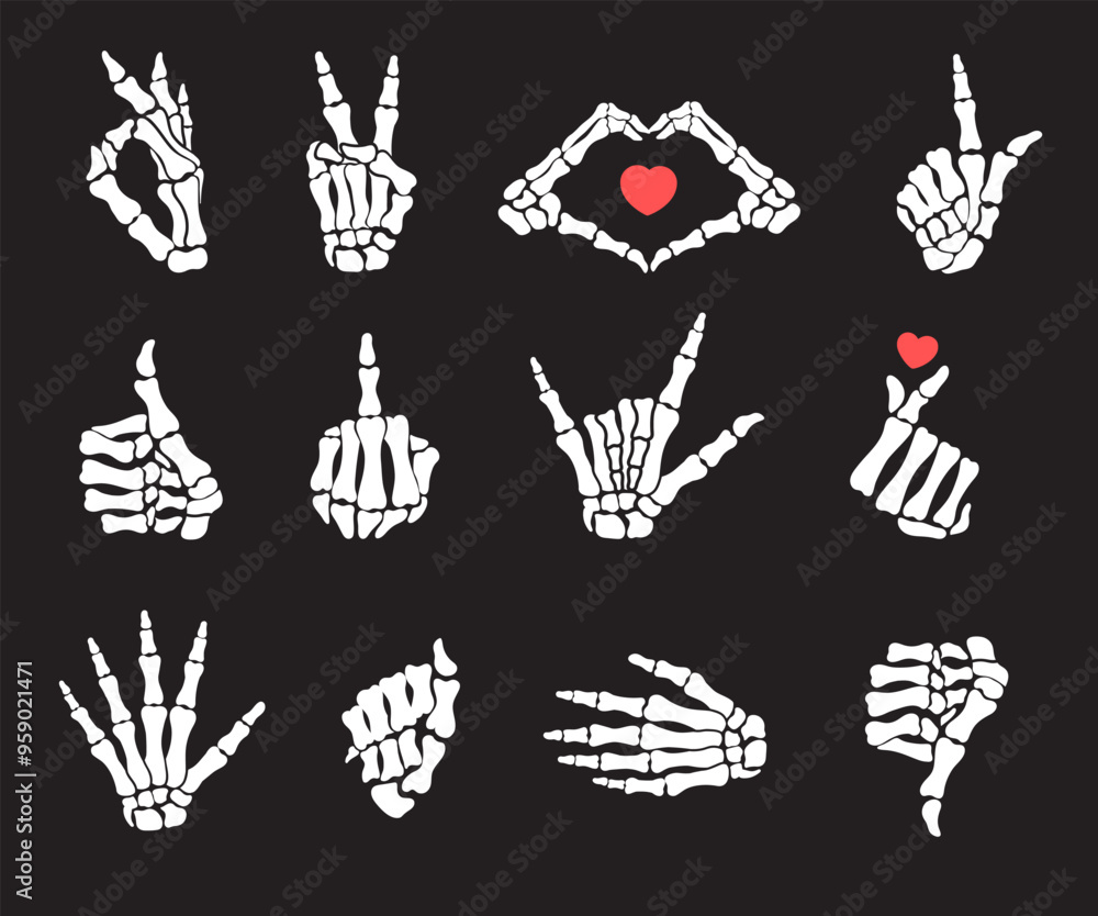 Skeleton hands Halloween set. Set of various hand gestures, fingers ...