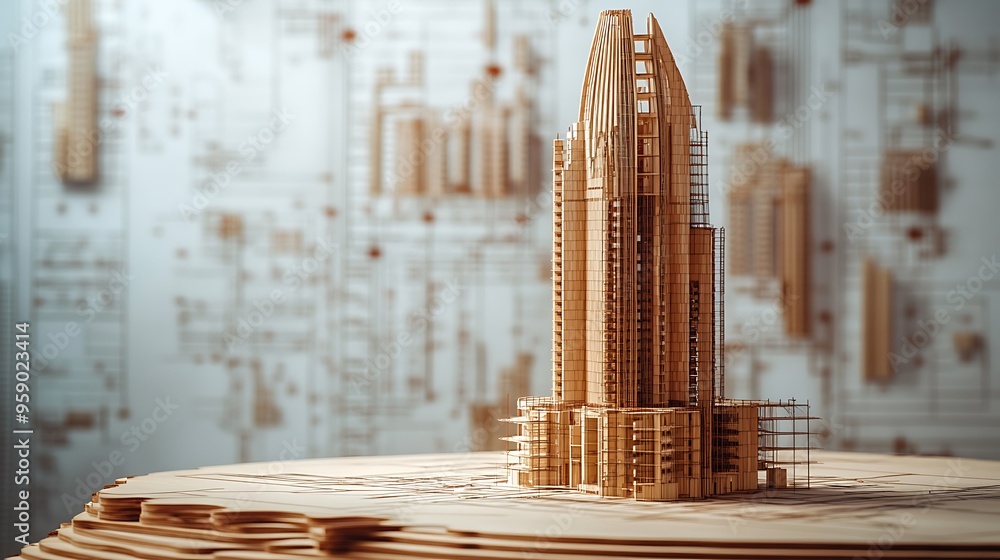 Futuristic Skyscraper Wooden Model with Engineering Diagrams ...