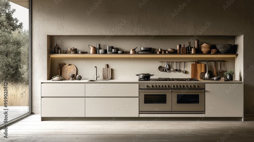 Minimalist Kitchen with Earthy Tones and Natural Light A sleek modern ...