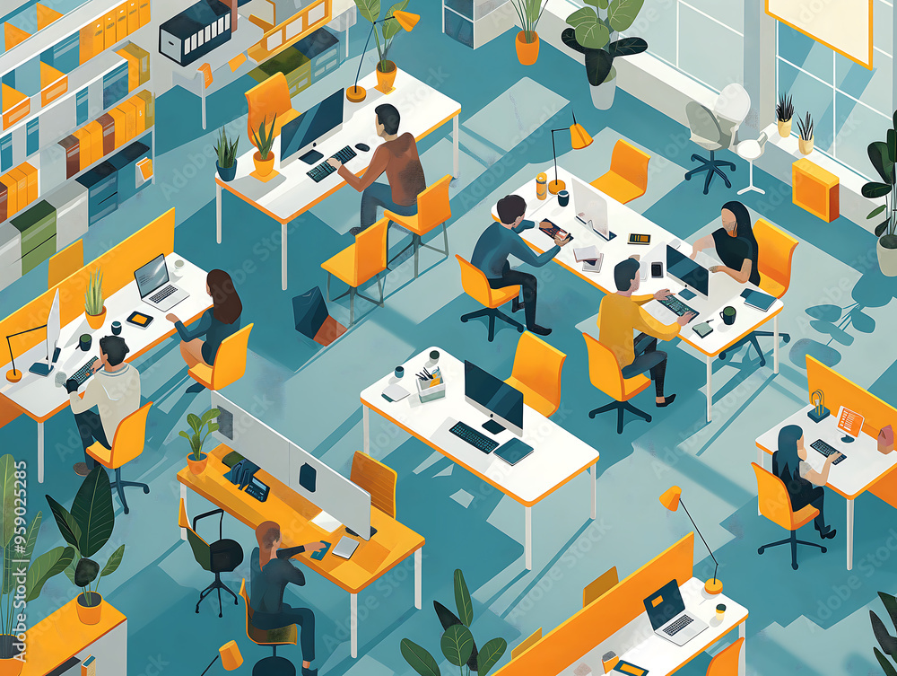 office workspace with diverse employees, collaborative environment ...