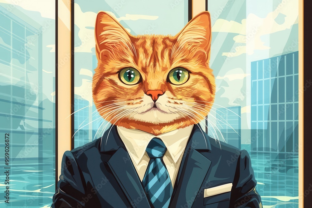 Cat wearing a boss suit looking at a glass flat design front view ...