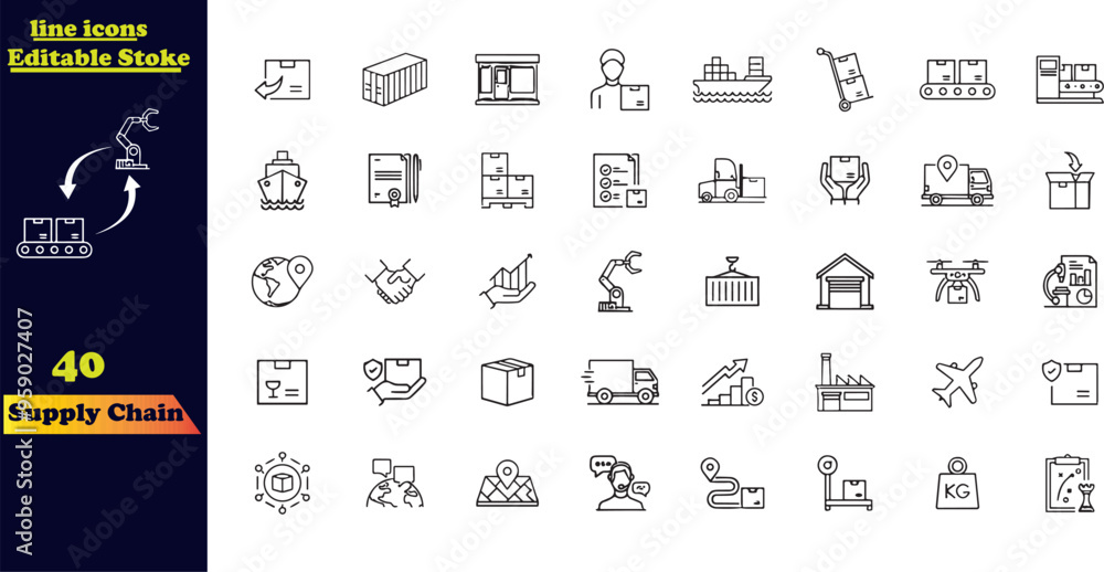 Vector Icon Collection for Supply Chain. This set includes line icons ...