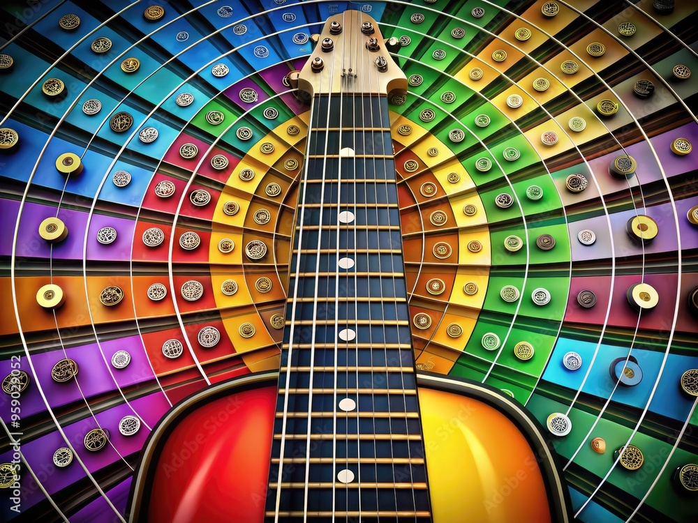 Vibrant color-coded guitar fretboard depicting musical notes, chords ...