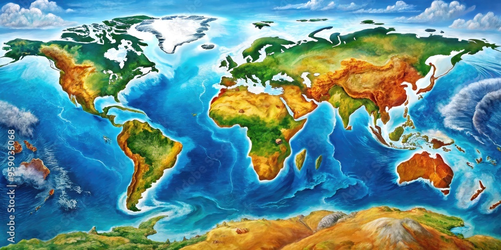 Vibrant, detailed illustration of the 7 continents and 5 oceans of the ...