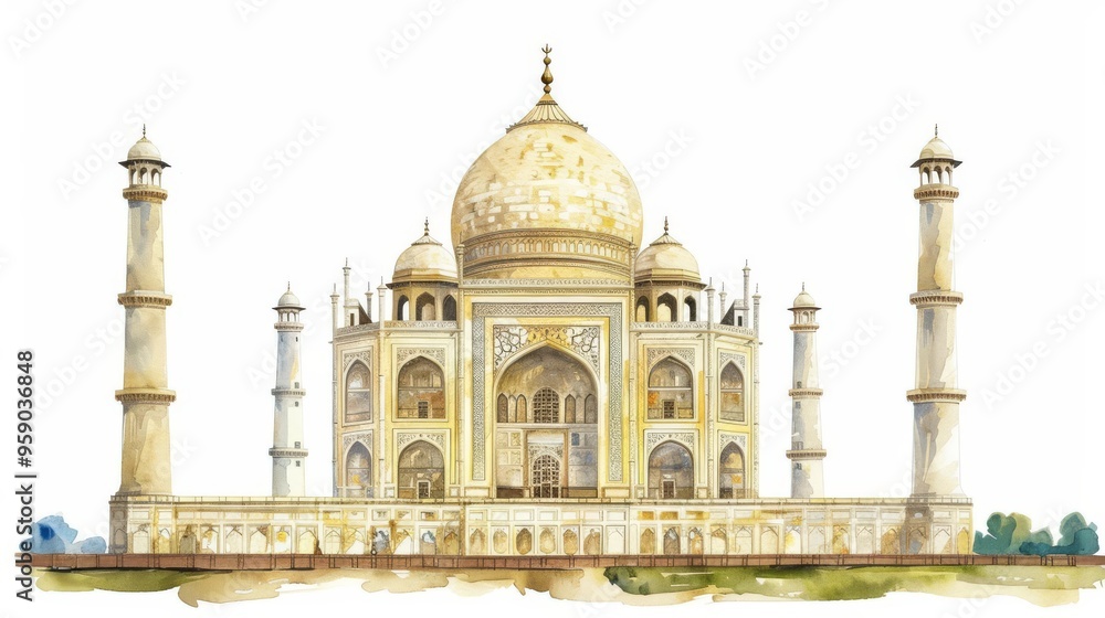 Watercolor painting of the majestic Taj Mahal with intricate details ...