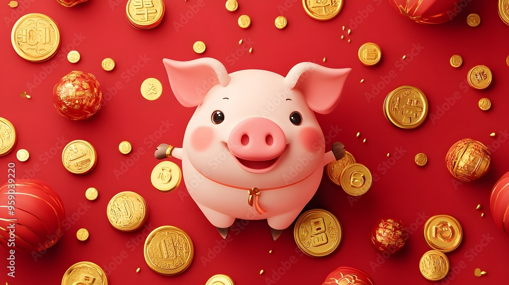 Chinese Zodiac Pig with Gold Coins: A pig surrounded by gold coins and ...