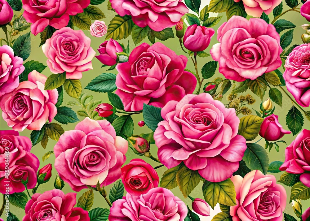 Vibrant hot pink roses in full bloom sprawl across a repeating pattern ...