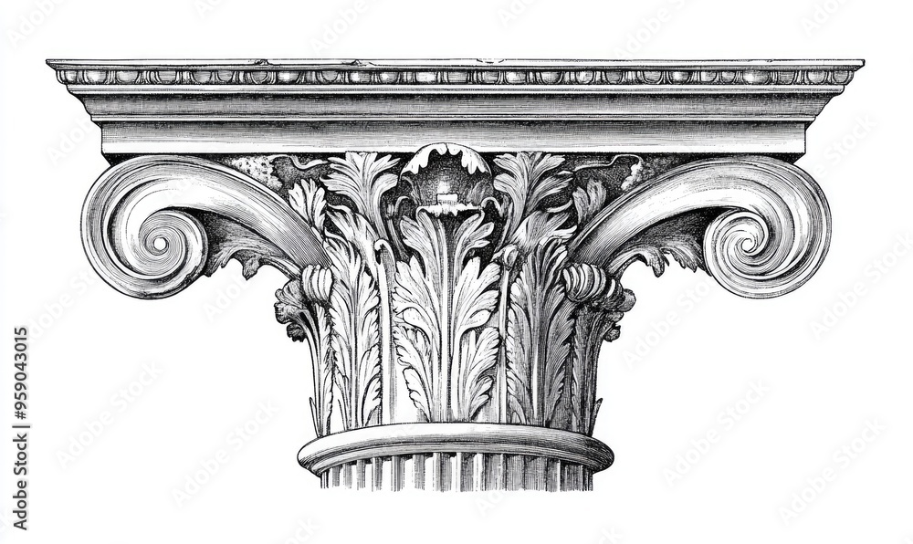Line art illustration of a Corinthian column featuring narrow elongated ...