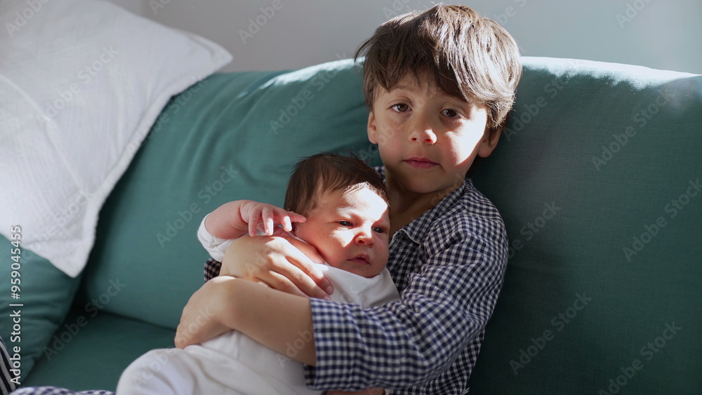 Young boy lovingly holding his newborn sibling on the couch ...