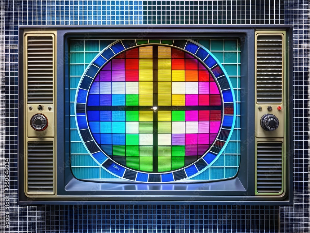 Vibrant multicolored geometric shapes and grid lines on a retro ...