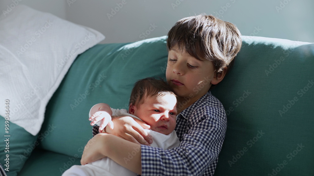 Young boy lovingly holding his newborn sibling on the couch ...