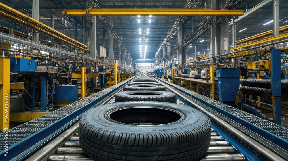 Tires on a conveyor belt in a factory. This image shows the production process of tires, ideal ...
