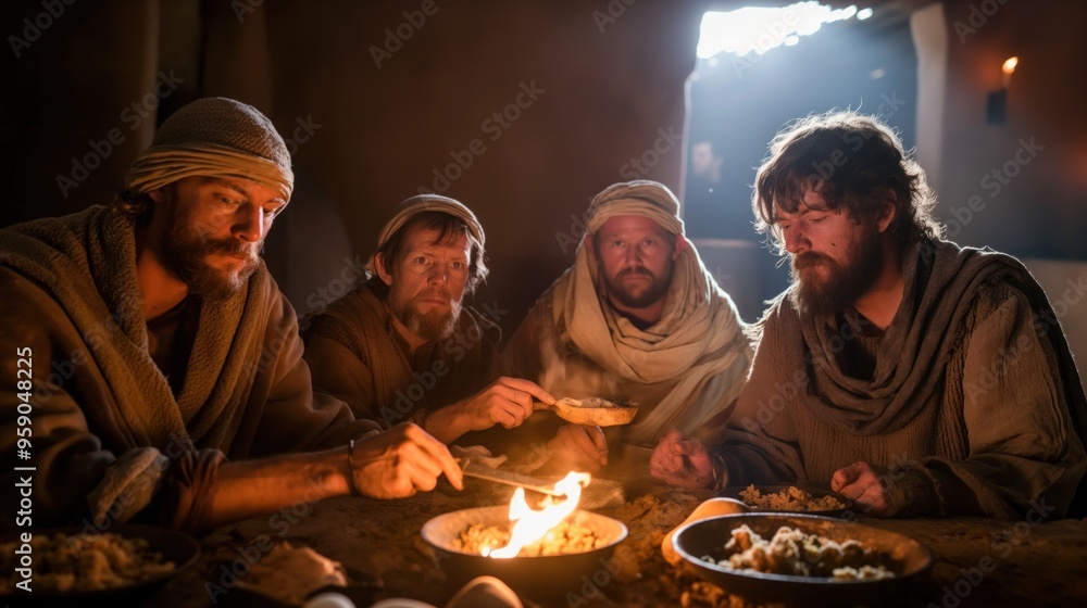 Four men gather around a fire in a rustic setting, enjoying a communal ...