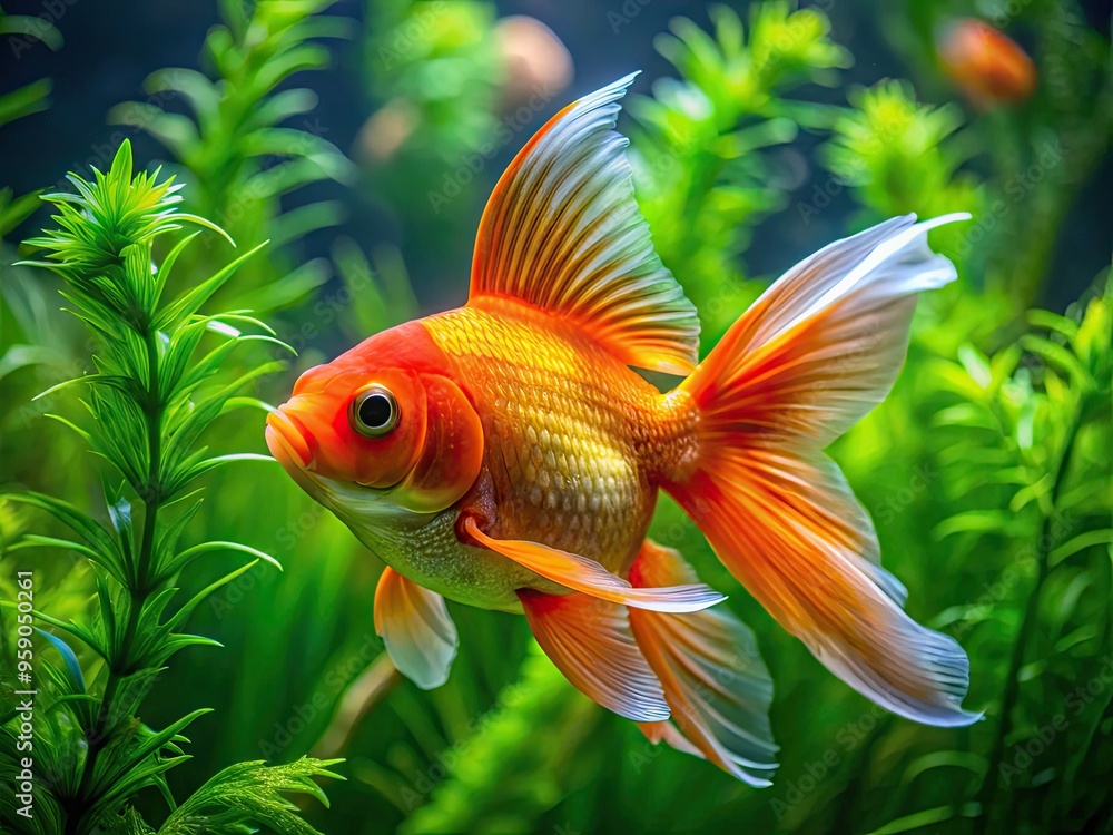 Vibrant orange oranda goldfish with flowing fins and wispy wen ...