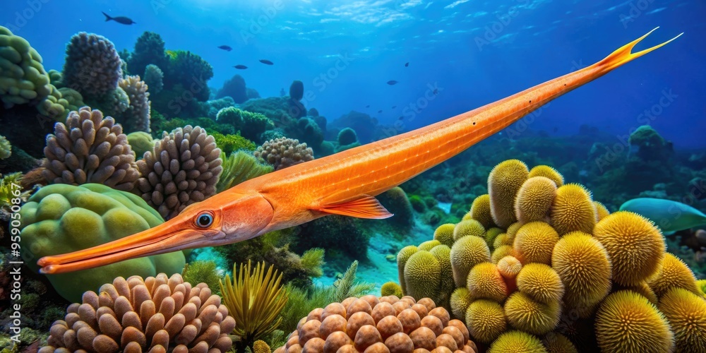 Vibrant orange trumpet fish swims vertically, its long, slender body ...