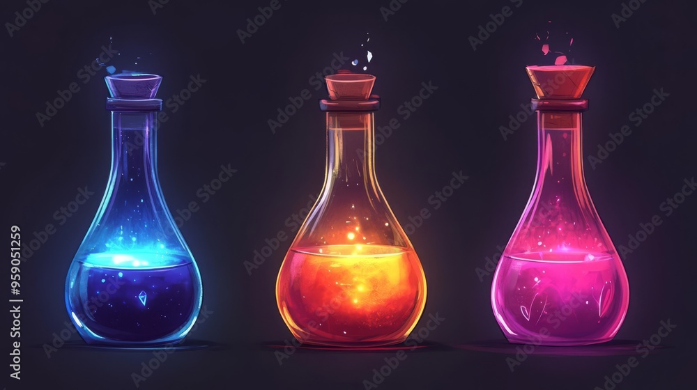 Glowing elixir bottle flat design side view alchemy theme water color ...
