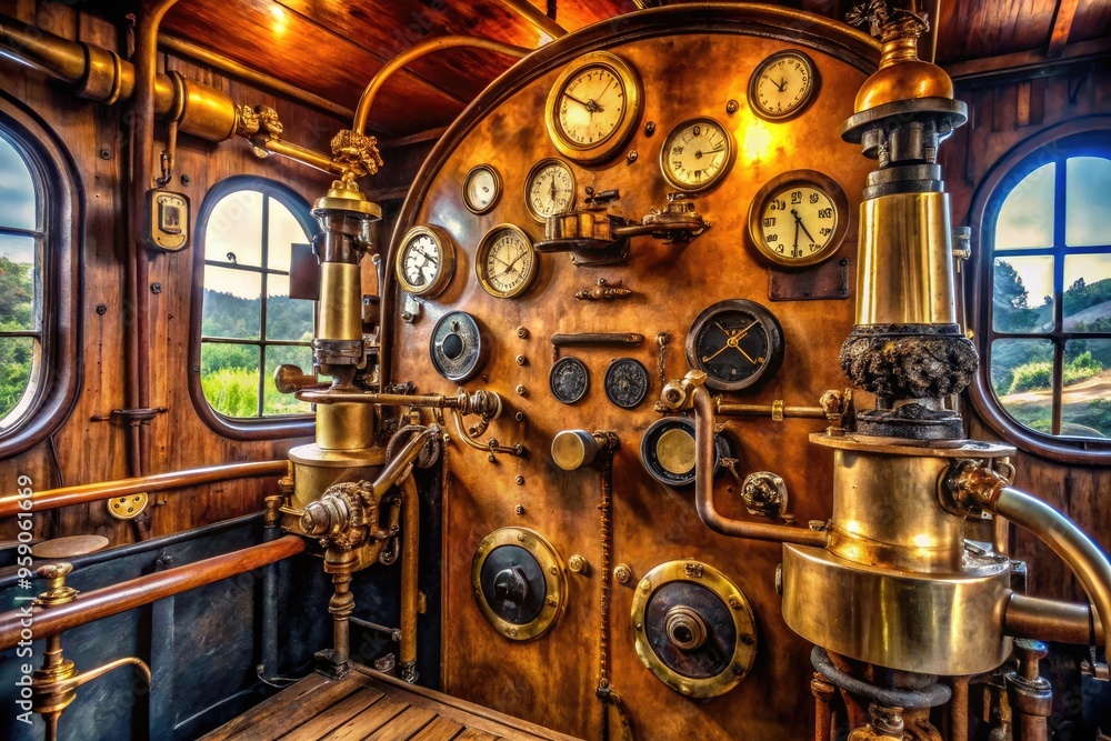 Vintage steam engine cab interior with gleaming brass fixtures, worn ...