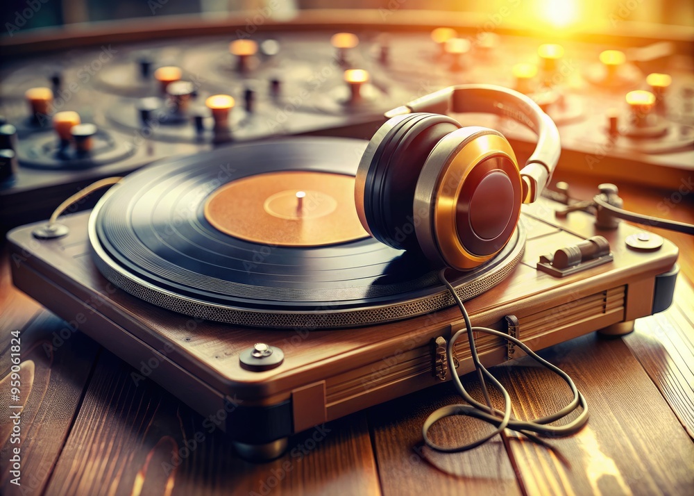 Vintage vinyl record spinning on a turntable, surrounded by music notes ...