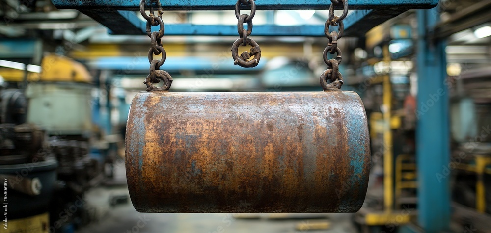 Rusty Cylinder Hanging from Chains in Industrial Setting A closeup view ...