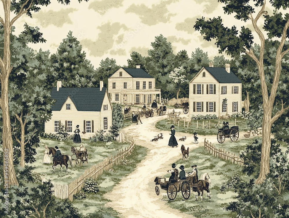 Colonial village: A Toile-style depiction of a colonial American ...