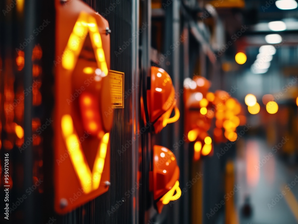 Close-up of safety helmets and warning lights in an industrial setting ...