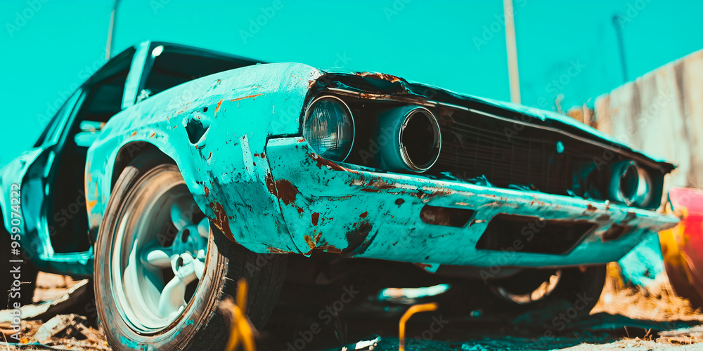 ภาพประกอบสต็อก rusty, broken-down vintage racing car abandoned in a ...