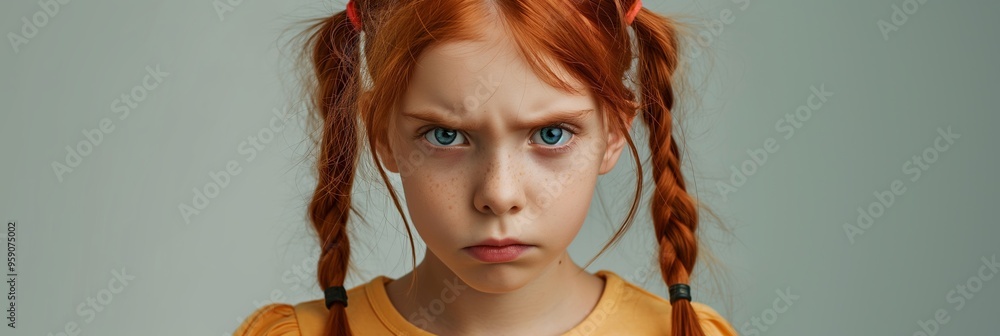 Serious expression of a young redhaired girl with pigtails against a ...