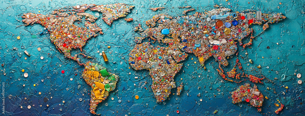 A colorful world map made of plastic waste, plastic bottles and ...