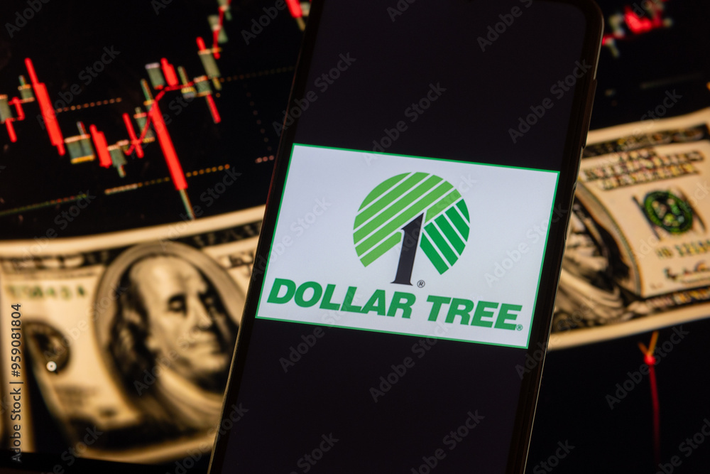 Dollar Tree logo displayed on a smartphone screen, with a red chart and ...