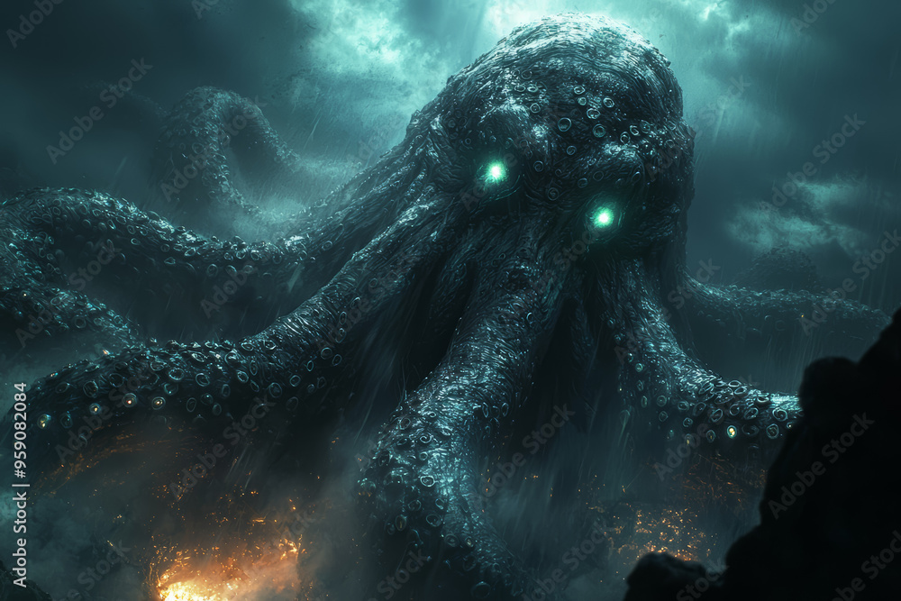 A colossal, tentacled leviathan with bioluminescent markings, rising ...