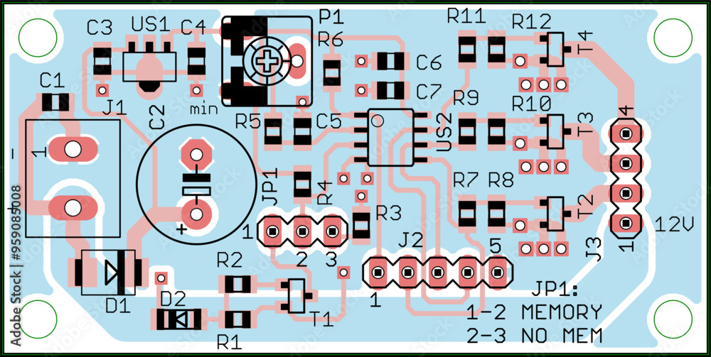 Vector printed circuit board of electronic device with components of ...