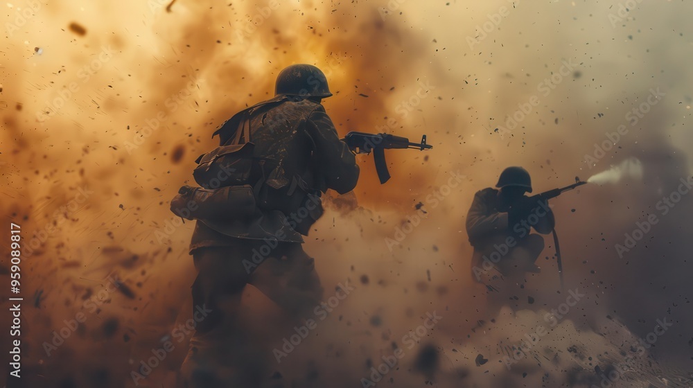 gritty battlefield scene world war ii soldiers in action smoky ...