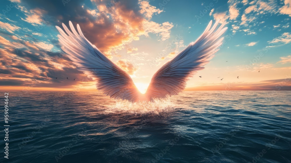 Majestic angel wings emerging over the ocean at sunset, capturing a ...
