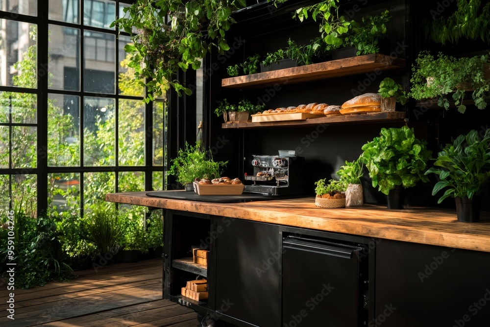 A mobile bakery truck with a rustic industrial design features a wooden ...