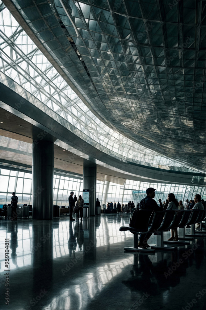 Interior of waiting room with silhouette people in terminal ...
