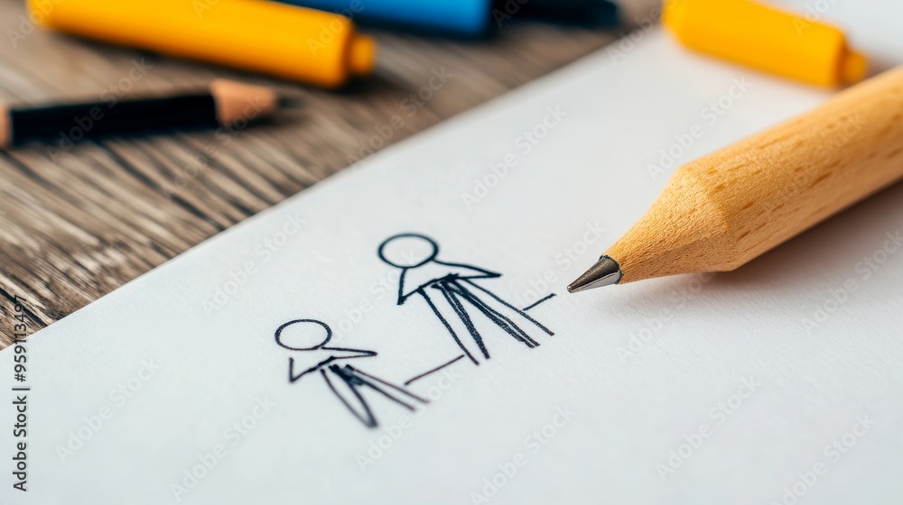A wooden pencil rests on a white sheet of paper with a simple stick ...