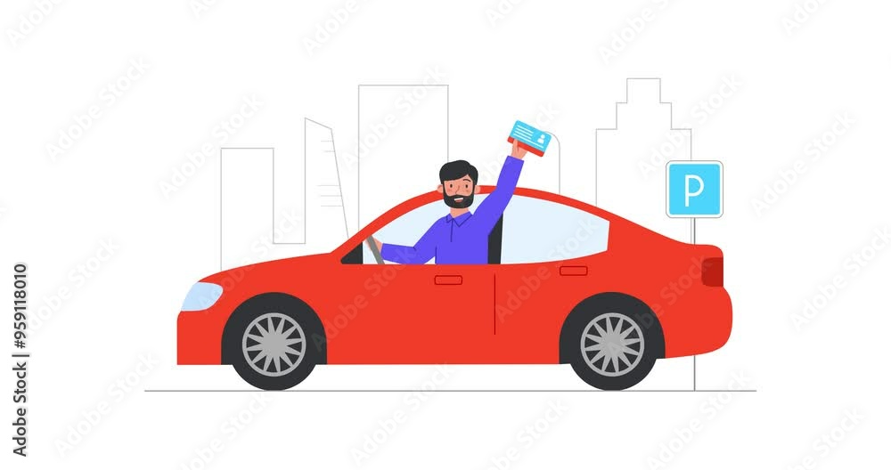 Education process in driving school. Moving banner with man driving car ...