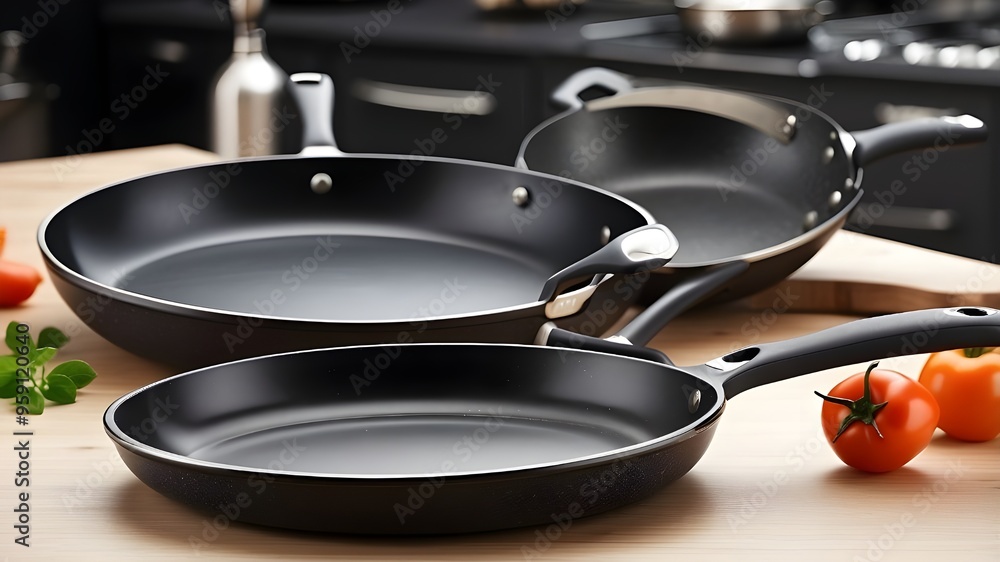 Frying pans made of black granite with textured handles for better grip ...