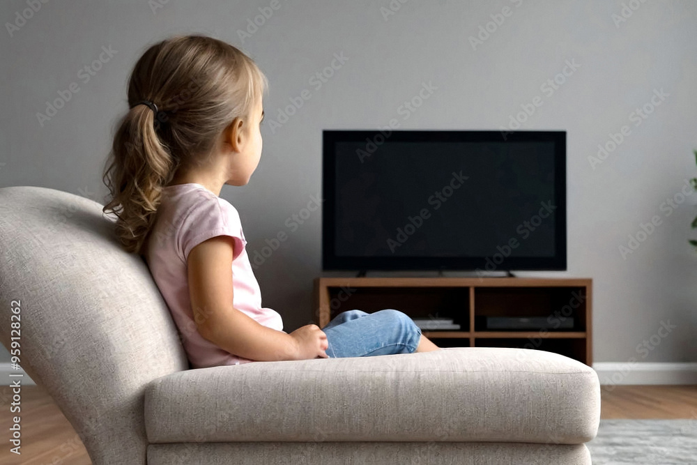 Rear view of little girl kid 5-6 year old watching tv sits on armchair ...
