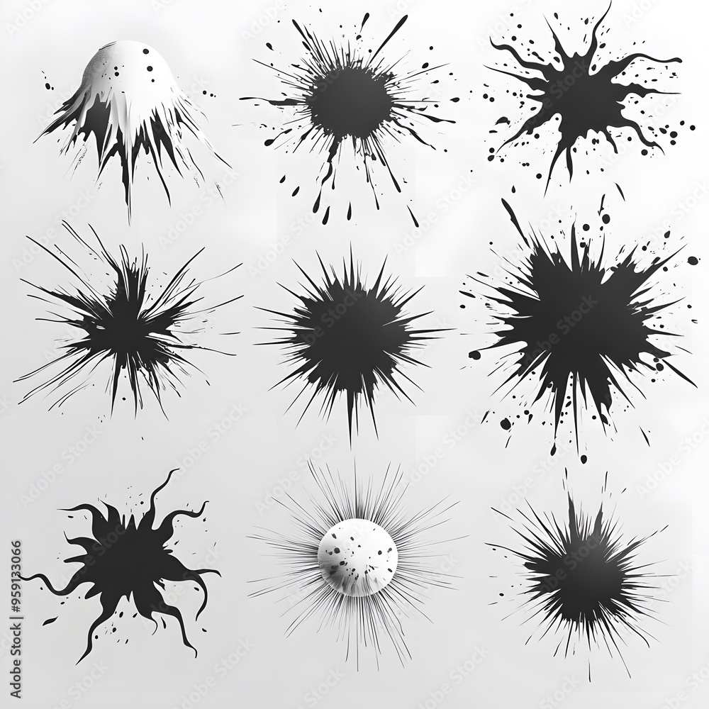 A series of black and white splatters of paint. The splatters are of ...