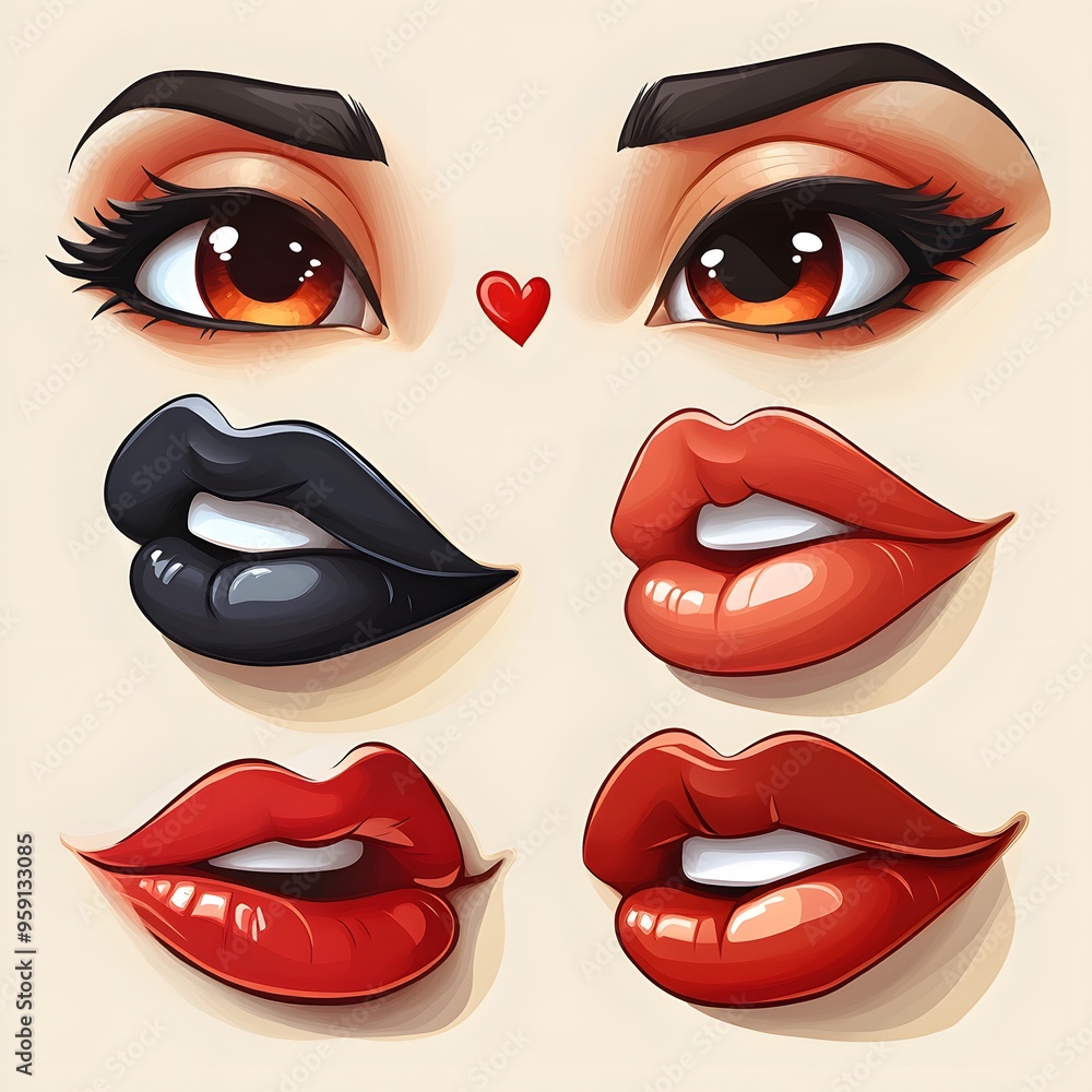 A series of cartoonish lips with varying shades of red and black. The ...