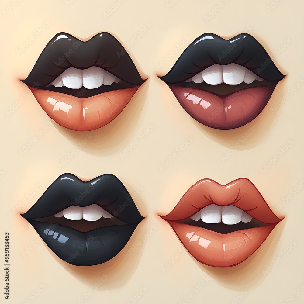 Four different colored lips, one of which is black. The lips are shown ...