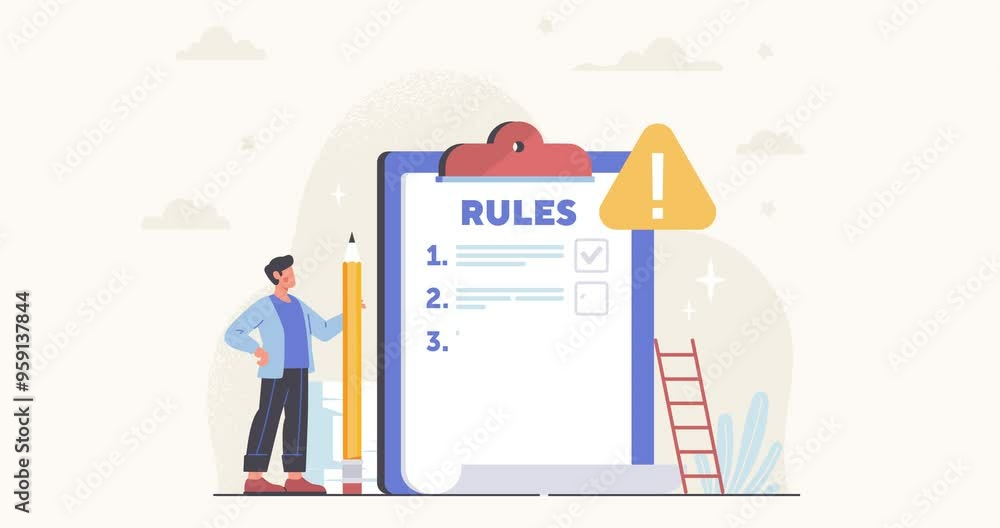 List of rules and regulations for employees. Moving banner with male ...