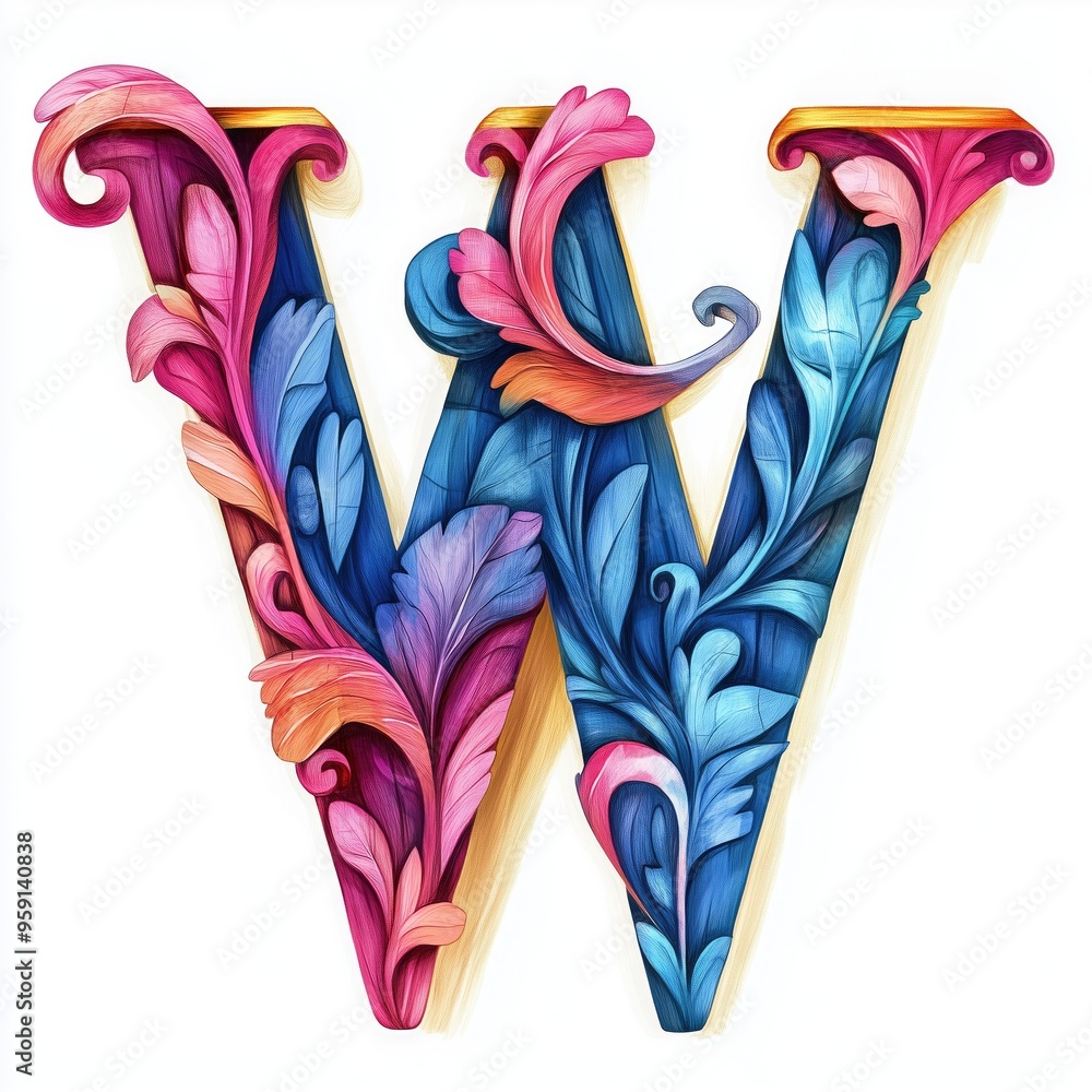 Alphabet Letter W Typography Drawing, English ABCs Ornate Design ...